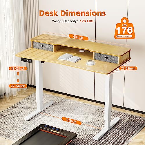 Sweetcrispy Electric Standing Desk Adjustable Height Stand Up Desk, 63 x 24 Inch Sit Stand Desk Adjustable Desk, Home Office Computer Desk with Storage Shelf, Double Drawer, Splice Board, Oak Desktop