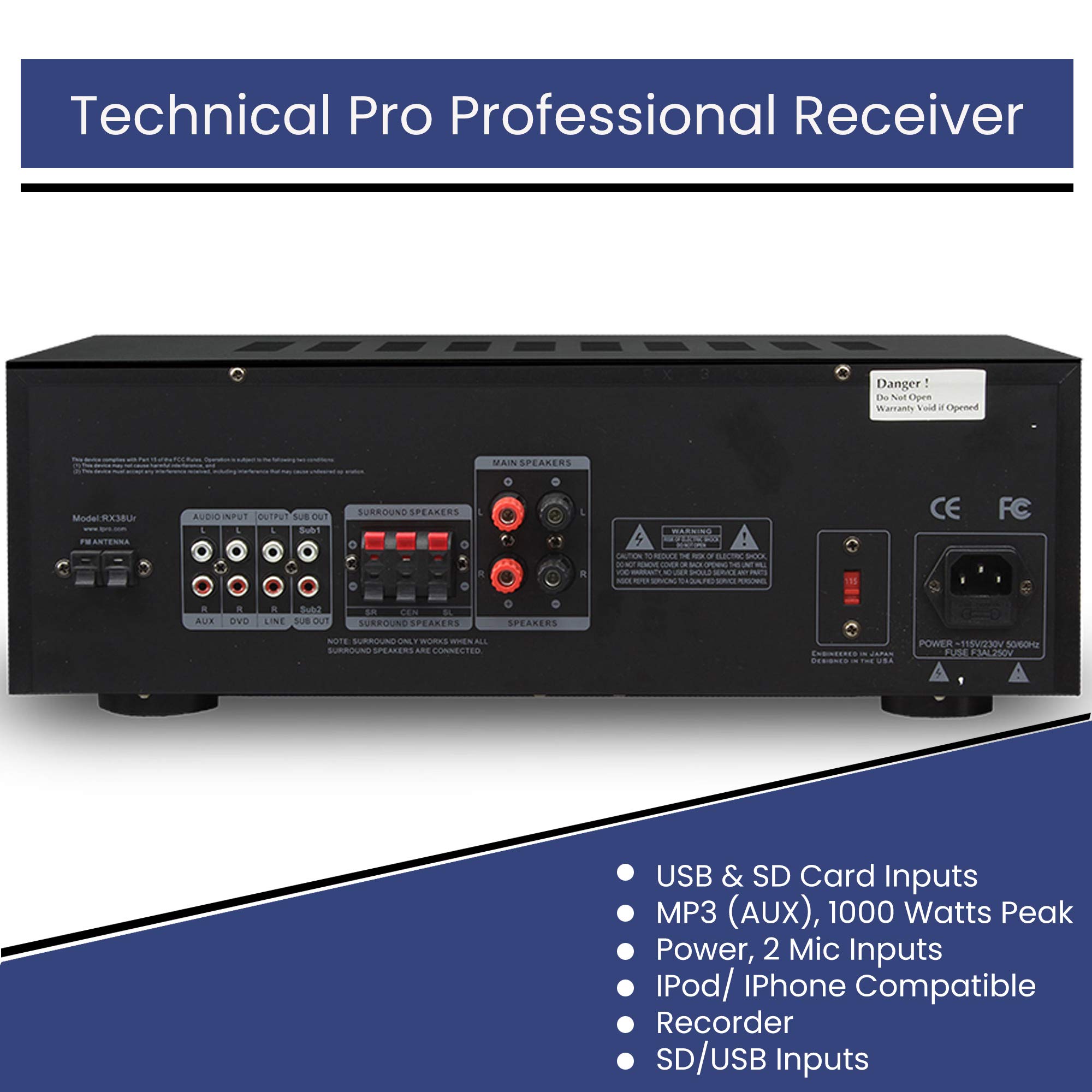 Home Theater System Kit 1000 Watts Professional Home Stereo Receiver with (Qty 4) 5.25” 175 Watts in-Wall in-Ceiling Speakers & Remote Control - Perfect for Home/Office/Bar by Technical Pro