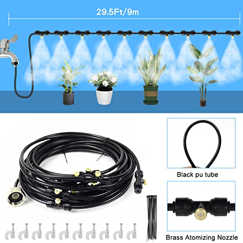 Misting Cooling System, Misters for Outside Patio Greenhouse Garden with 29.5FT(9M) Misting Hose, 10 Brass Mist Nozzles, 3/4" Brass Adapter (Black)