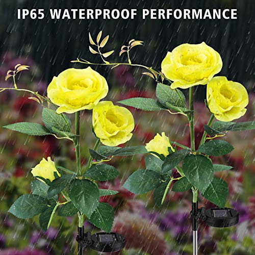 Solar Garden Decorations, 2 Pack 6 Solar Lights Outdoor Decorative with Exquisite Rose Flowers, Garden Lights Solar Powered Waterproof, Solar Flower Lights for Patio, Pathway, Yard Decoration (Yellow)