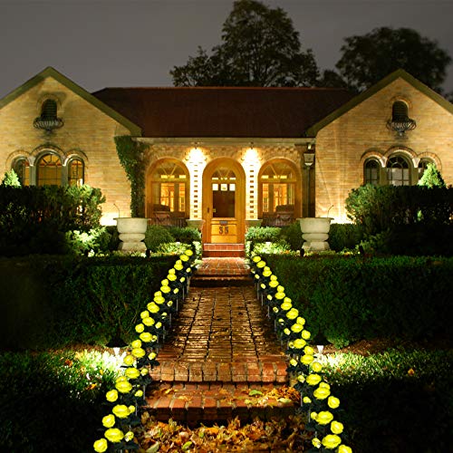 Solar Garden Decorations, 2 Pack 6 Solar Lights Outdoor Decorative with Exquisite Rose Flowers, Garden Lights Solar Powered Waterproof, Solar Flower Lights for Patio, Pathway, Yard Decoration (Yellow)