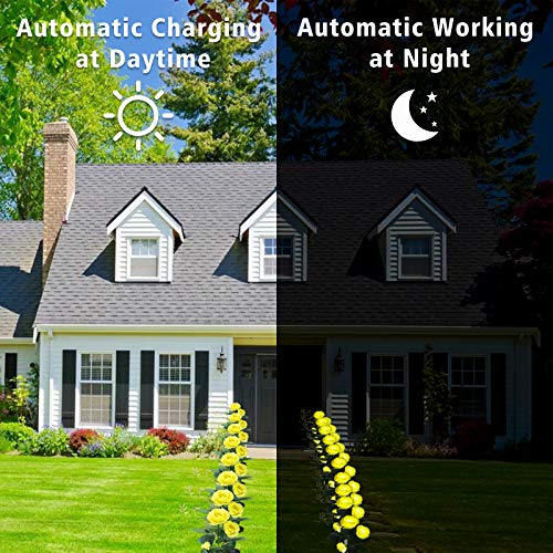 Solar Garden Decorations, 2 Pack 6 Solar Lights Outdoor Decorative with Exquisite Rose Flowers, Garden Lights Solar Powered Waterproof, Solar Flower Lights for Patio, Pathway, Yard Decoration (Yellow)