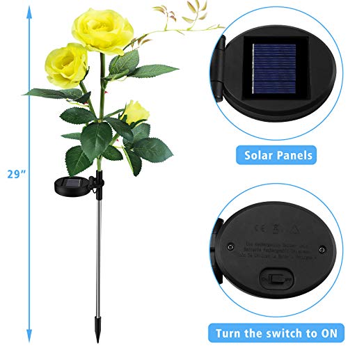 Solar Garden Decorations, 2 Pack 6 Solar Lights Outdoor Decorative with Exquisite Rose Flowers, Garden Lights Solar Powered Waterproof, Solar Flower Lights for Patio, Pathway, Yard Decoration (Yellow)