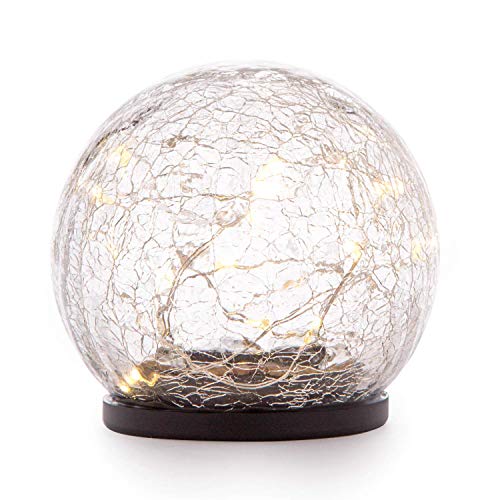 Solar Gazing Ball Light - 4 Inch Diameter Small Globe, Waterproof for Outdoor Use, Crackle Glass, Warm White LED Fairy Lights, Dusk to Dawn Timer, Garden/Pathway Decoration - Battery Included