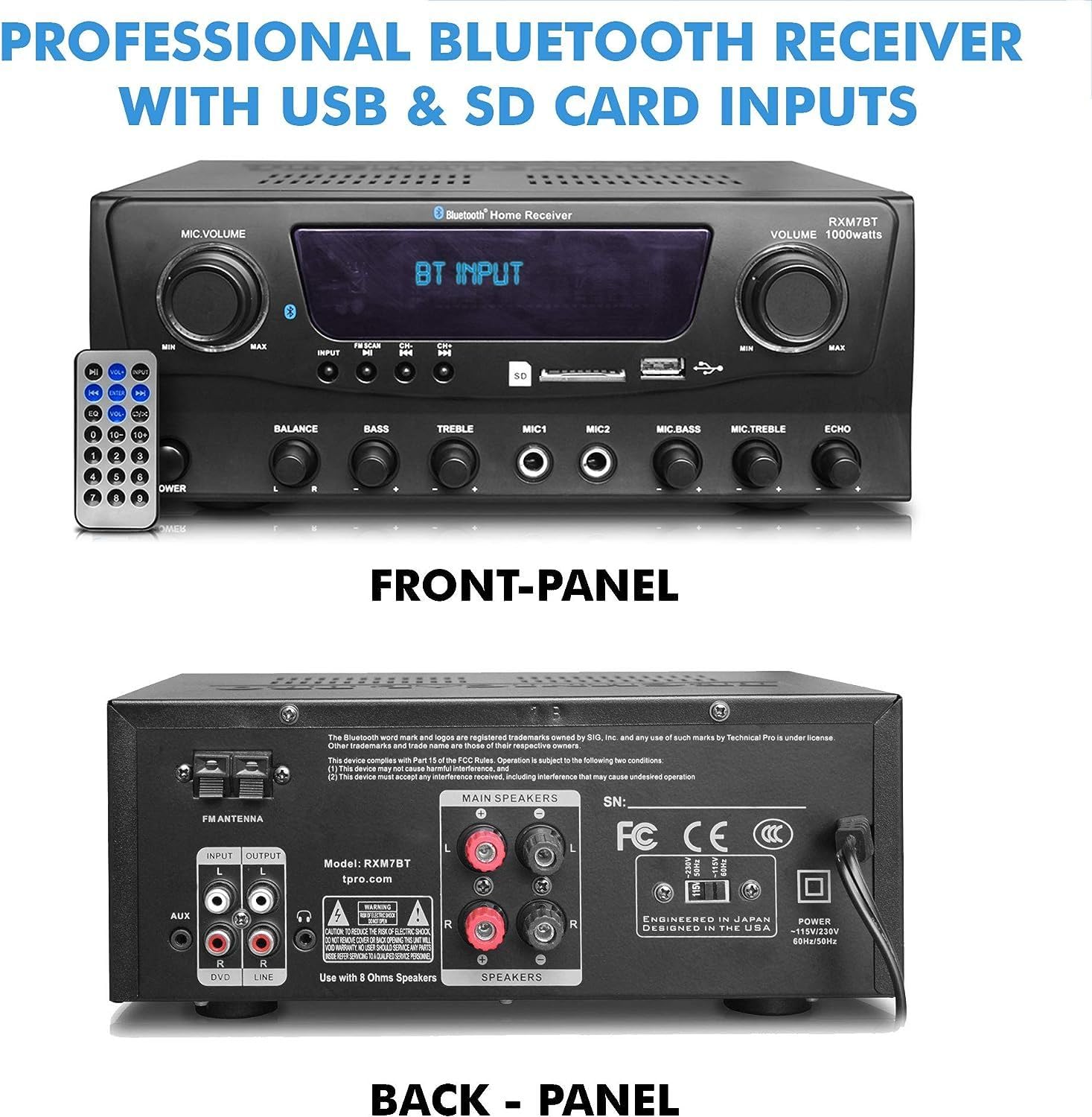 Home Theater System Kit 1000 Watts Bluetooth Receiver w/ 6 Qty 5.25" 175 Watts Each in-Wall in-Ceiling Speakers & 16 Gauge 250 ft. Speaker Wire Portable Microphone w/Remote Control by Technical Pro