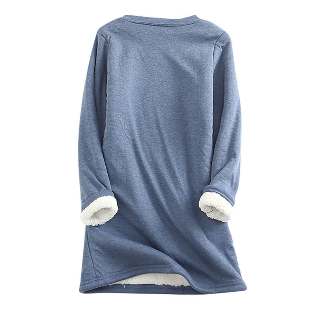 Women 2023 Fleece Lined Shirts Casual Long Sleeve Sherpa Warm Tops Round Neck Plus Size Solid Comfort Underwear Blue XL