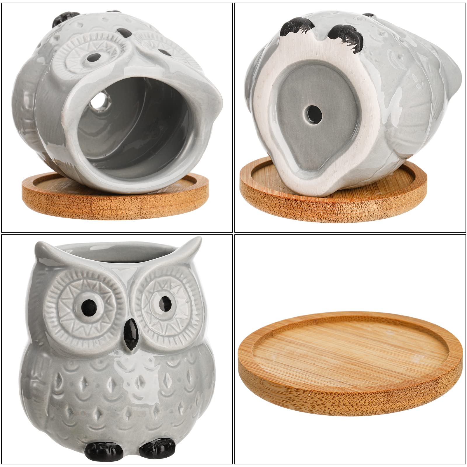 Frcctre 6 Pack Ceramic Succulent Pots, Small Succulent Planter Pots with Drainage and Bamboo Tray, Cute Animal Planting Pot Flower Pot Indoor Plant Pot for Succulent, Cactus, Garden Office Home Decor