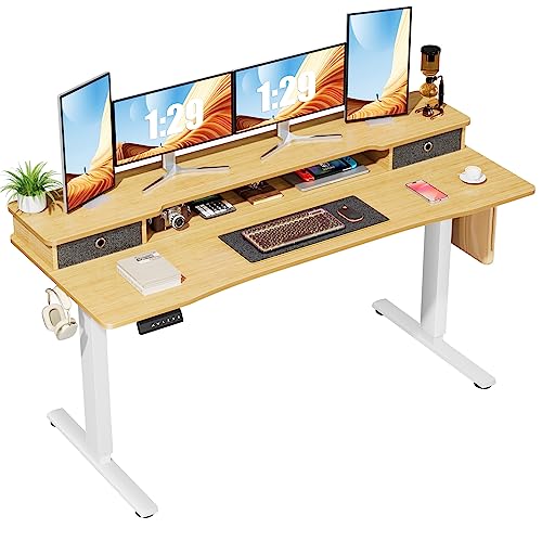 Sweetcrispy Electric Standing Desk Adjustable Height Stand Up Desk, 63 x 24 Inch Sit Stand Desk Adjustable Desk, Home Office Computer Desk with Storage Shelf, Double Drawer, Splice Board, Oak Desktop