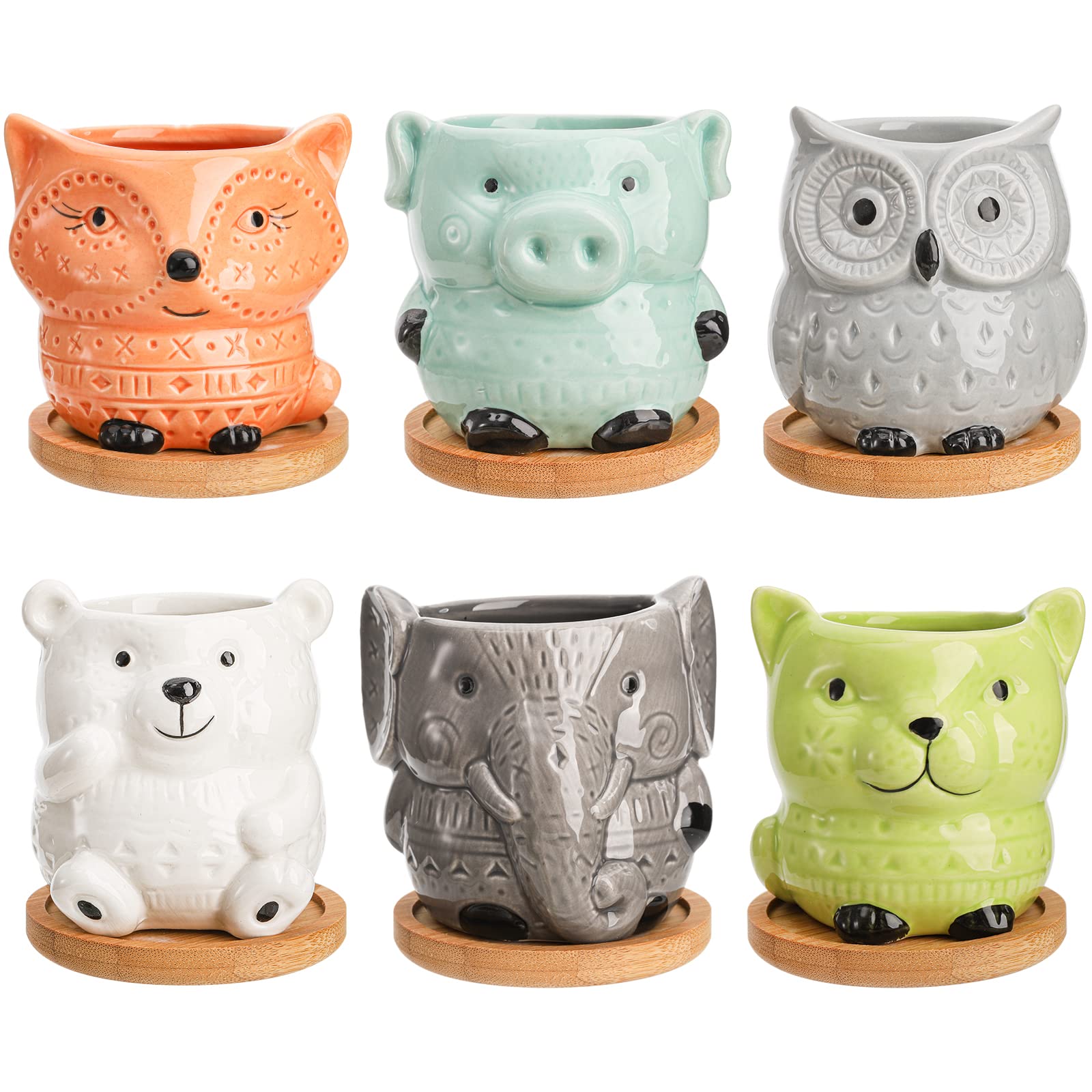 Frcctre 6 Pack Ceramic Succulent Pots, Small Succulent Planter Pots with Drainage and Bamboo Tray, Cute Animal Planting Pot Flower Pot Indoor Plant Pot for Succulent, Cactus, Garden Office Home Decor