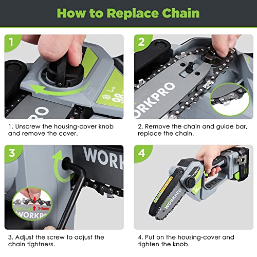 WORKPRO Mini Chainsaw, 6.3“ Brushless Cordless Power Compact Chain Saw with 4.0Ah Battery, 20V One-Hand Operated Portable Wood Saw with Replacement Chain for Garden Tree Branch Pruning, Wood Cutting
