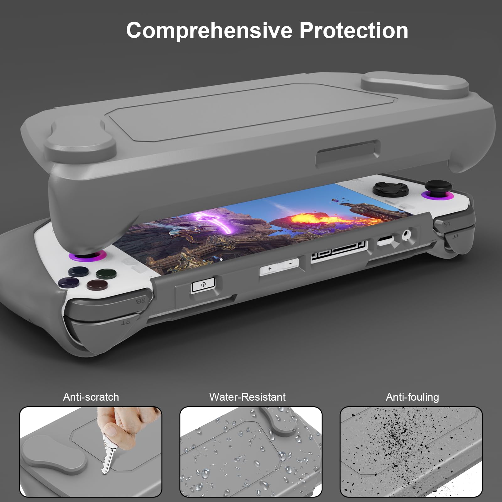 JDDWIN Full Case Compatible with ASUS Rog Ally 2023, Updated Version Protective Case Skin with Detachable Front Shell Cover and Kickstand for Rog Ally,Shockproof/Non-Slip/Anti-Collision (Grey)