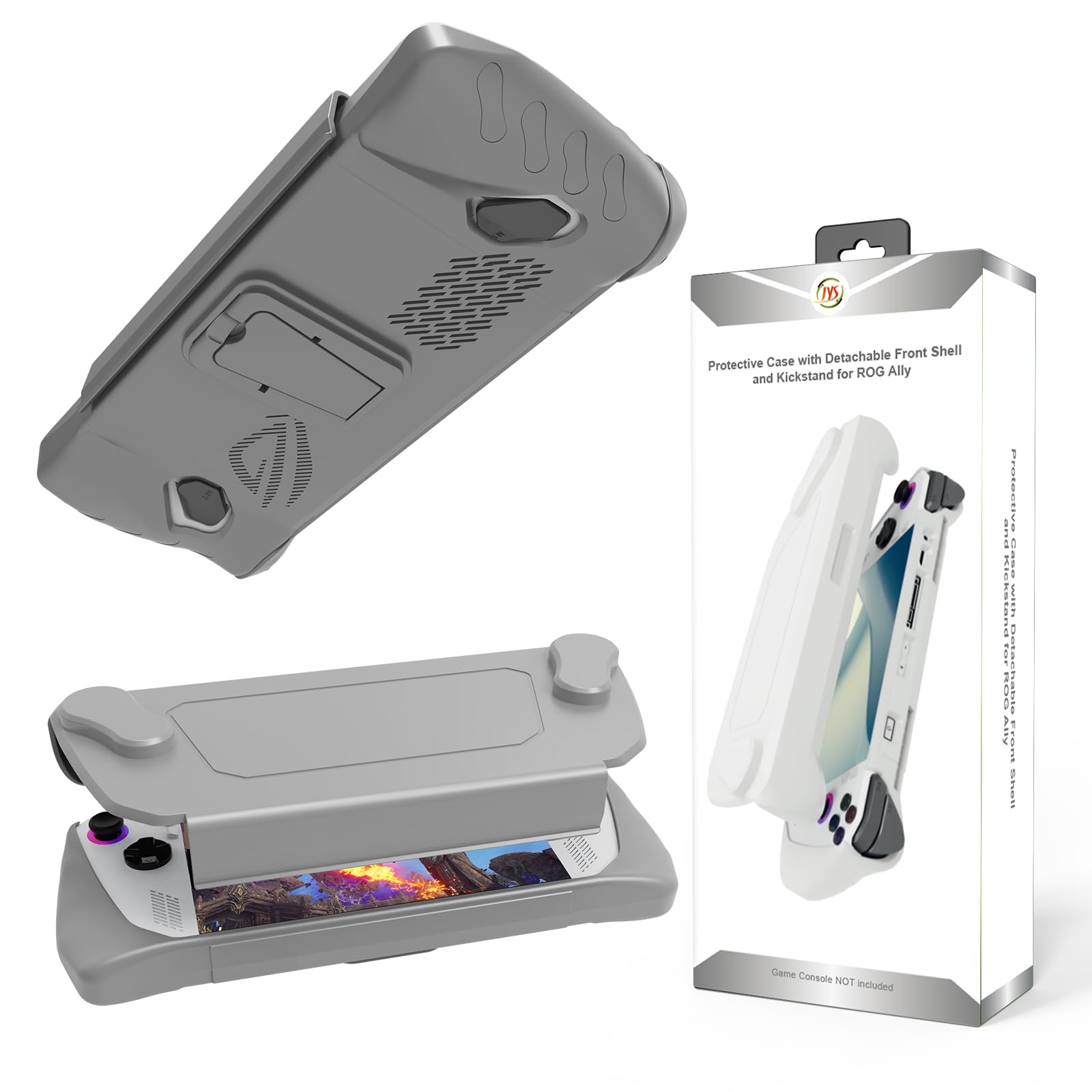 JDDWIN Full Case Compatible with ASUS Rog Ally 2023, Updated Version Protective Case Skin with Detachable Front Shell Cover and Kickstand for Rog Ally,Shockproof/Non-Slip/Anti-Collision (Grey)