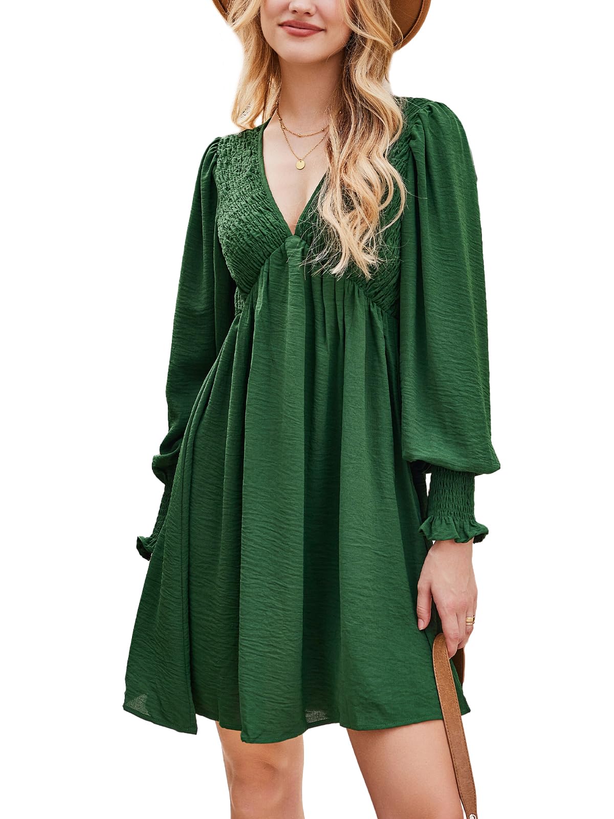 CUPSHE Women's Mini Dress Smocked V Neck Long Sleeve Empire Waist Casual A Line Green Dress