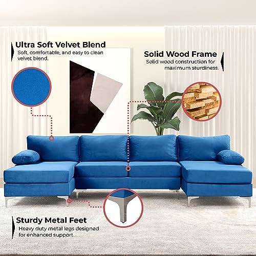 Casa Andrea Milano U-Shape Velvet Fabric Sectional Sofa Couch with Double Extra Wide Chaise, Couch for Living Room Apartment Lounge, Navy