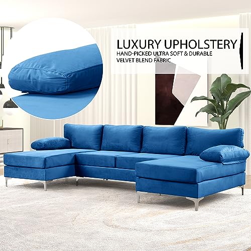 Casa Andrea Milano U-Shape Velvet Fabric Sectional Sofa Couch with Double Extra Wide Chaise, Couch for Living Room Apartment Lounge, Navy
