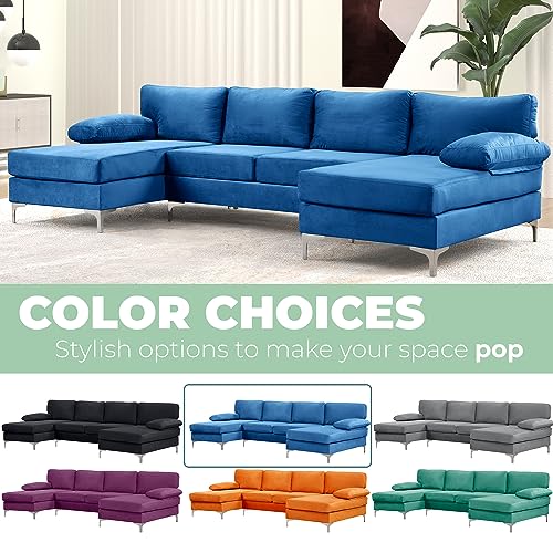 Casa Andrea Milano U-Shape Velvet Fabric Sectional Sofa Couch with Double Extra Wide Chaise, Couch for Living Room Apartment Lounge, Navy