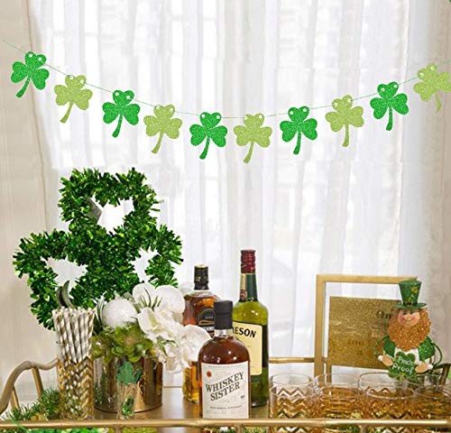 St. Patrick Day Banner Green Lucky Irish Glitter Shamrock Garland for Party Bar Home Hanging Decorations 25pcs with 29.5 ft Rope