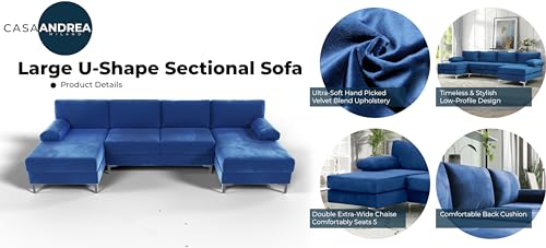 Casa Andrea Milano U-Shape Velvet Fabric Sectional Sofa Couch with Double Extra Wide Chaise, Couch for Living Room Apartment Lounge, Navy