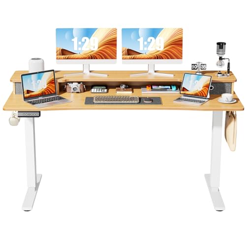 Sweetcrispy Electric Standing Desk Adjustable Height Stand Up Desk, 63 x 24 Inch Sit Stand Desk Adjustable Desk, Home Office Computer Desk with Storage Shelf, Double Drawer, Splice Board, Oak Desktop