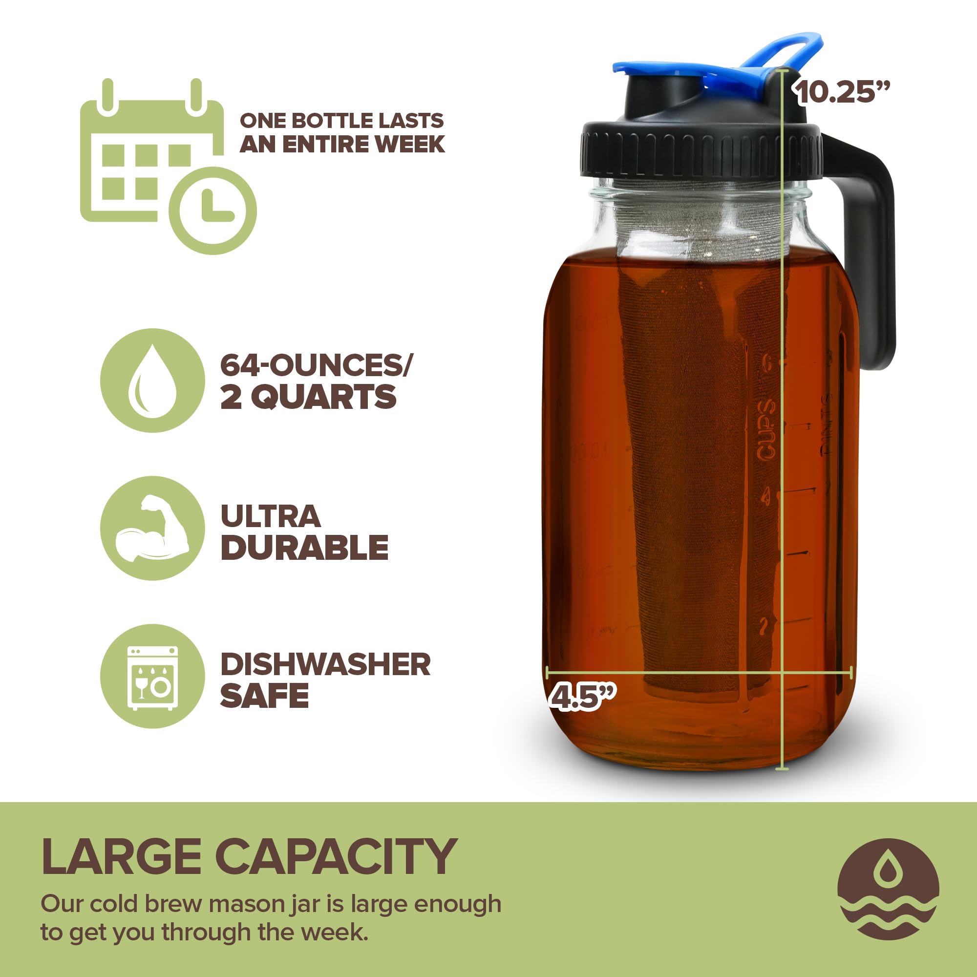 Modern Innovations Cold Brew Mason Jar (64 oz) Ice Coffee Making at Home, 2 Quart Cold Brew Maker for Iced Coffee and Tea, Cold Brew Glass Pitcher with Stainless Steel Filter, Cold Brew Coffee Maker