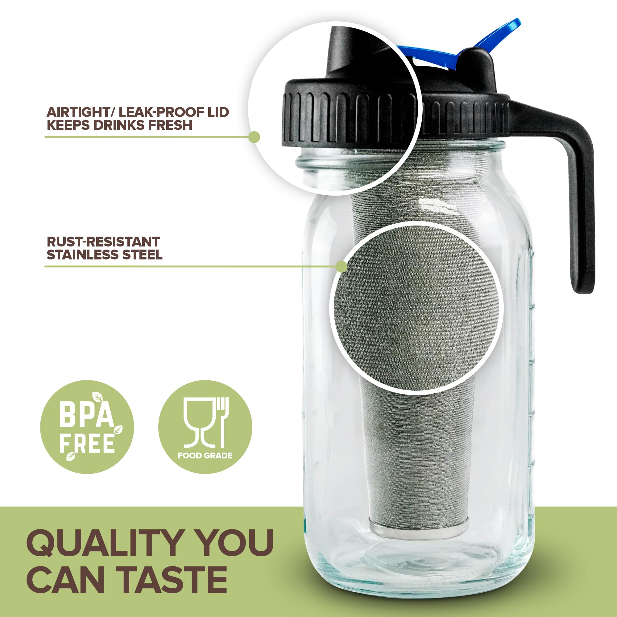 Modern Innovations Cold Brew Mason Jar (64 oz) Ice Coffee Making at Home, 2 Quart Cold Brew Maker for Iced Coffee and Tea, Cold Brew Glass Pitcher with Stainless Steel Filter, Cold Brew Coffee Maker