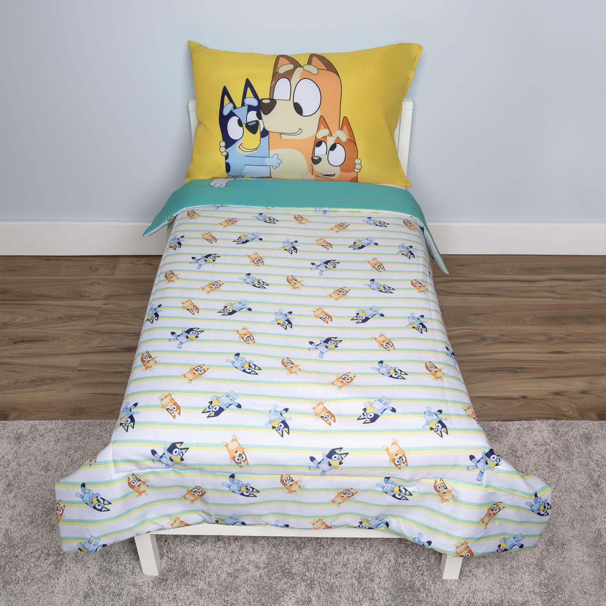 Bluey 4 Piece Toddler Bedding Set – Includes Comforter, Sheet Set – Fitted Top Sheet Reversible Pillowcase for Boys or Girls Bed, Blue