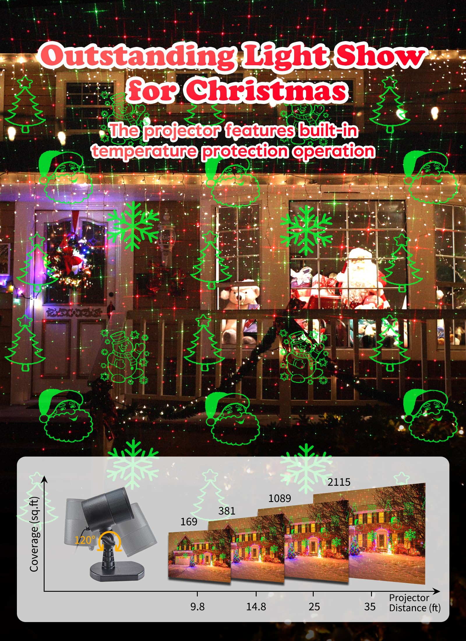 Christmas Projector Lights Outdoor, Party Laser Light Projection 8 Patterns Waterproof with Timer Speed Flash Mode Setting Landscape Spotlight for Indoor House Halloween Holiday Decoration, Red+Green