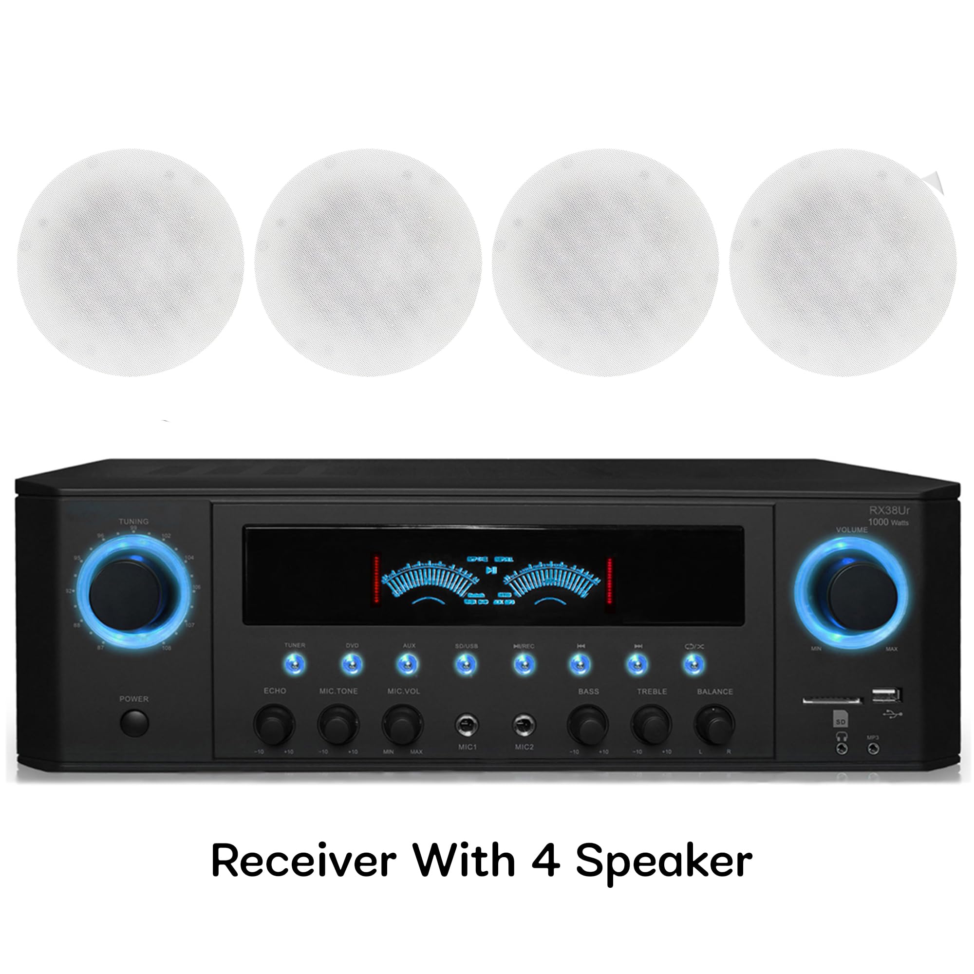 Home Theater System Kit 1000 Watts Professional Home Stereo Receiver with (Qty 4) 5.25” 175 Watts in-Wall in-Ceiling Speakers & Remote Control - Perfect for Home/Office/Bar by Technical Pro