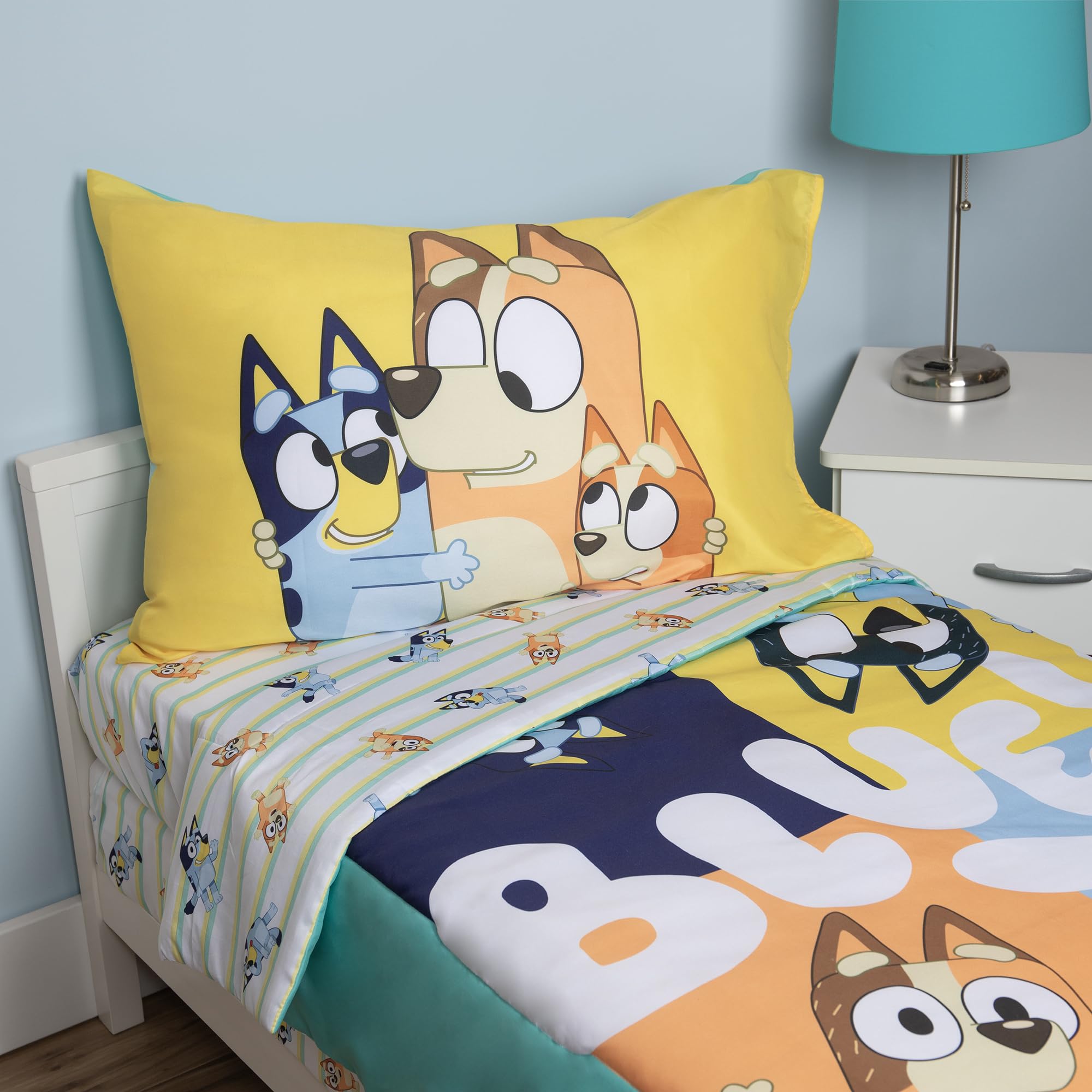 Bluey 4 Piece Toddler Bedding Set – Includes Comforter, Sheet Set – Fitted Top Sheet Reversible Pillowcase for Boys or Girls Bed, Blue