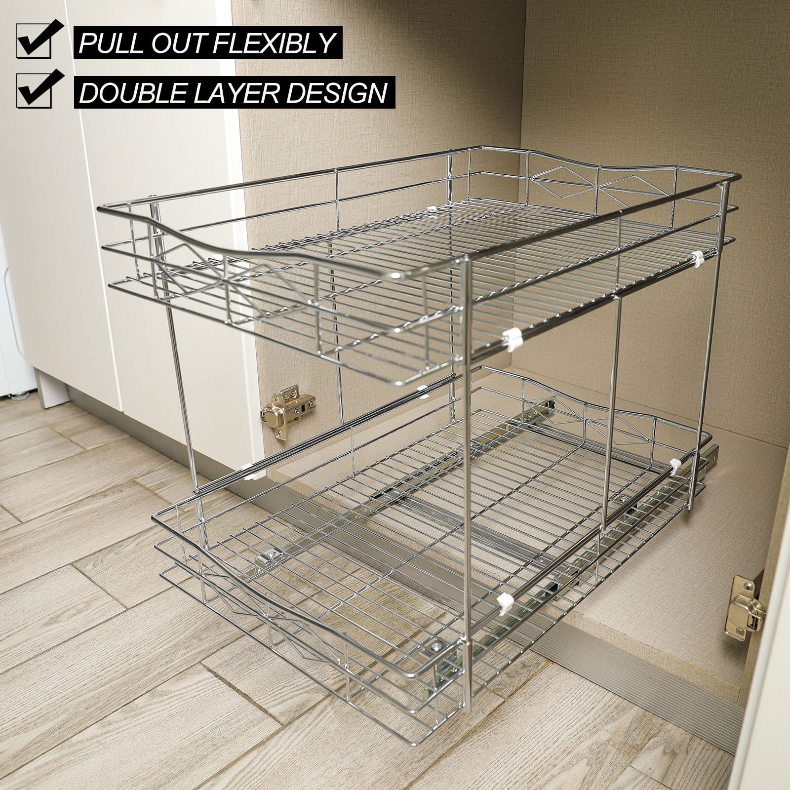 TQVAI 2 Tier Pull Out Cabinet Organizer, Sliding Out Under Sink Cookware Organizer, Wire Shelf Storage Basket for Kitchen Bathroom - 14" W x 21" D x 16-3/8"H, Request at Least 15 Inch Cabinet Opening