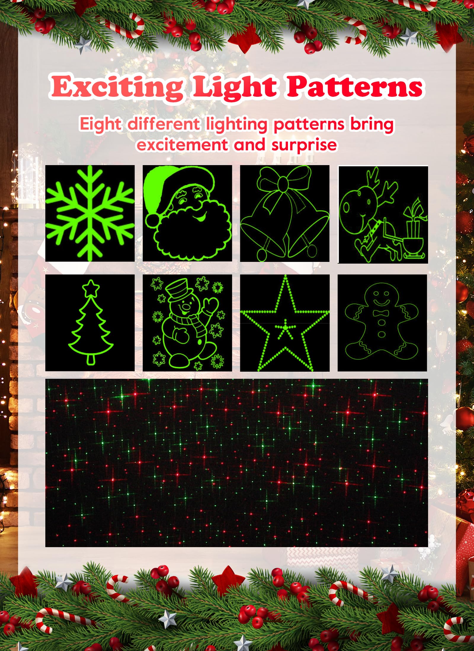 Christmas Projector Lights Outdoor, Party Laser Light Projection 8 Patterns Waterproof with Timer Speed Flash Mode Setting Landscape Spotlight for Indoor House Halloween Holiday Decoration, Red+Green