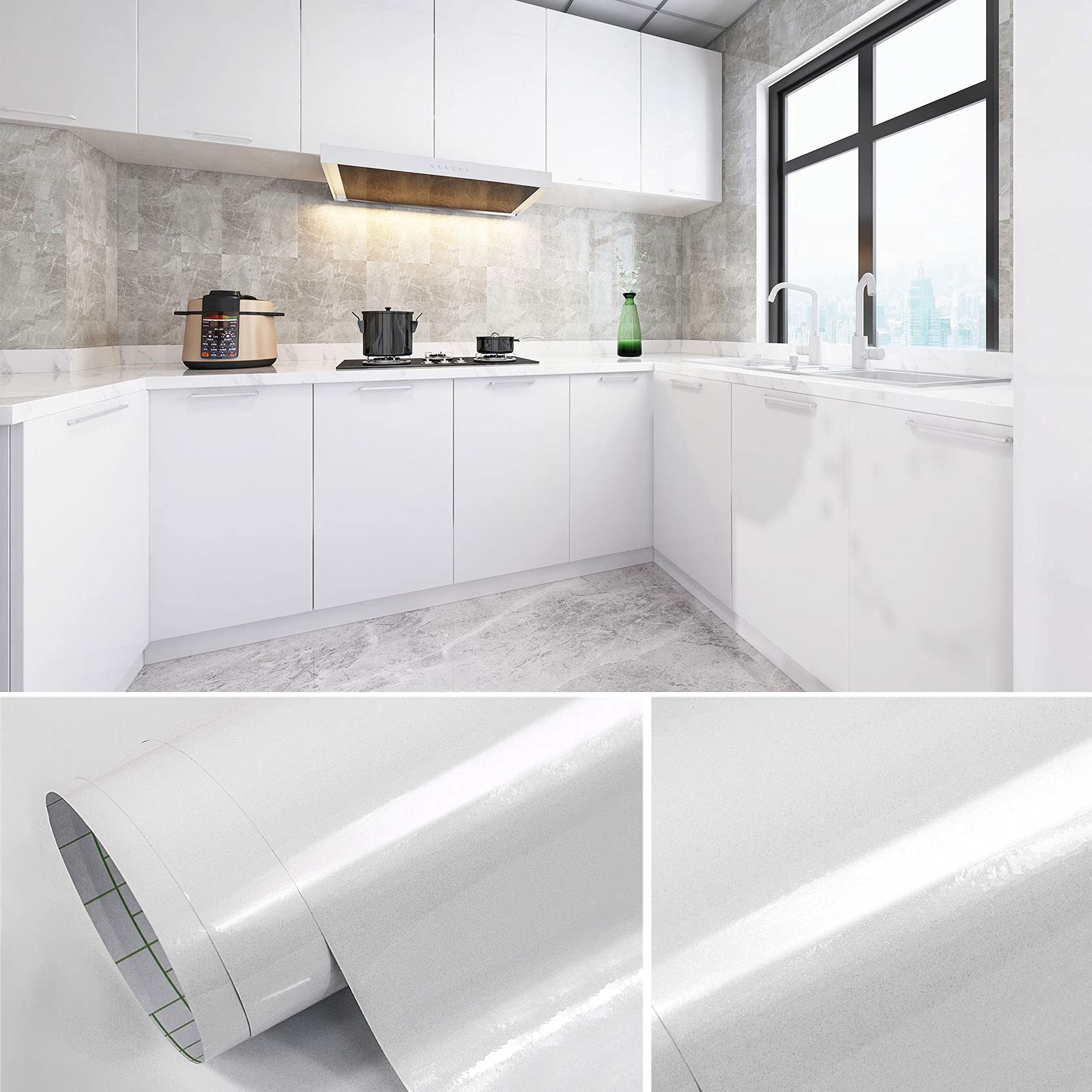 White Contact Paper Decorative for Cabinets Countertops Kitchen Shelves Liner Glossy Glitter Self Adhesive Film Peel and Stick Waterproof Removable Wallpaper(15.7in196.8in)