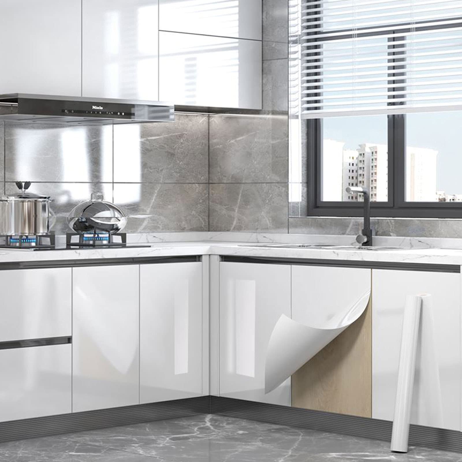 White Contact Paper Decorative for Cabinets Countertops Kitchen Shelves Liner Glossy Glitter Self Adhesive Film Peel and Stick Waterproof Removable Wallpaper(15.7in196.8in)