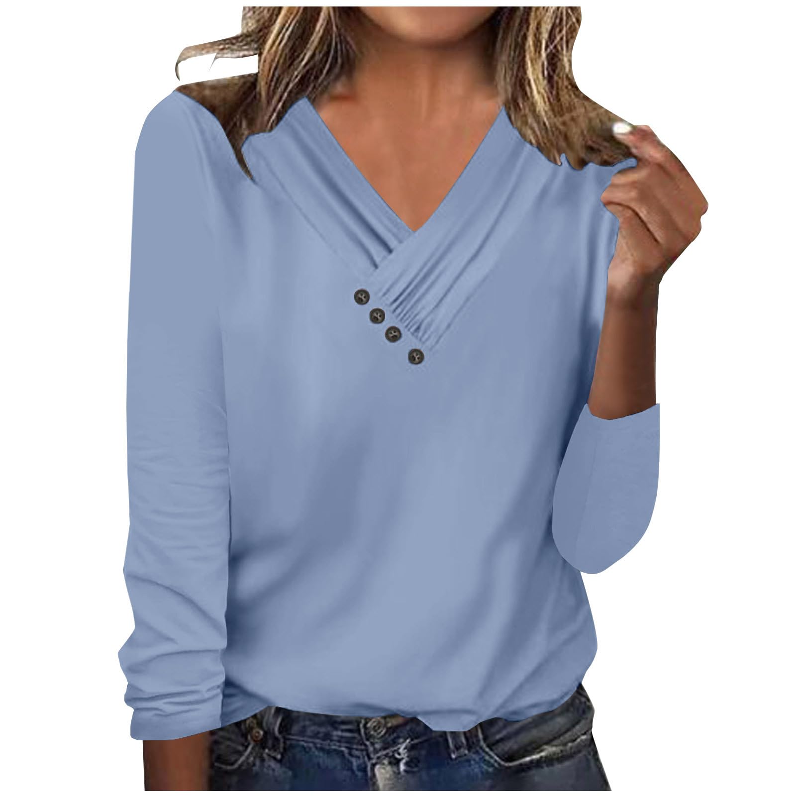 long sleeve tops for women Womens Long Sleeve Tops Fall 2023 V Neck Long Sleeve Blouses Loose Fit Button Solid Casual Tees Clothes prime big deal days early my recent orders placed by me 2023