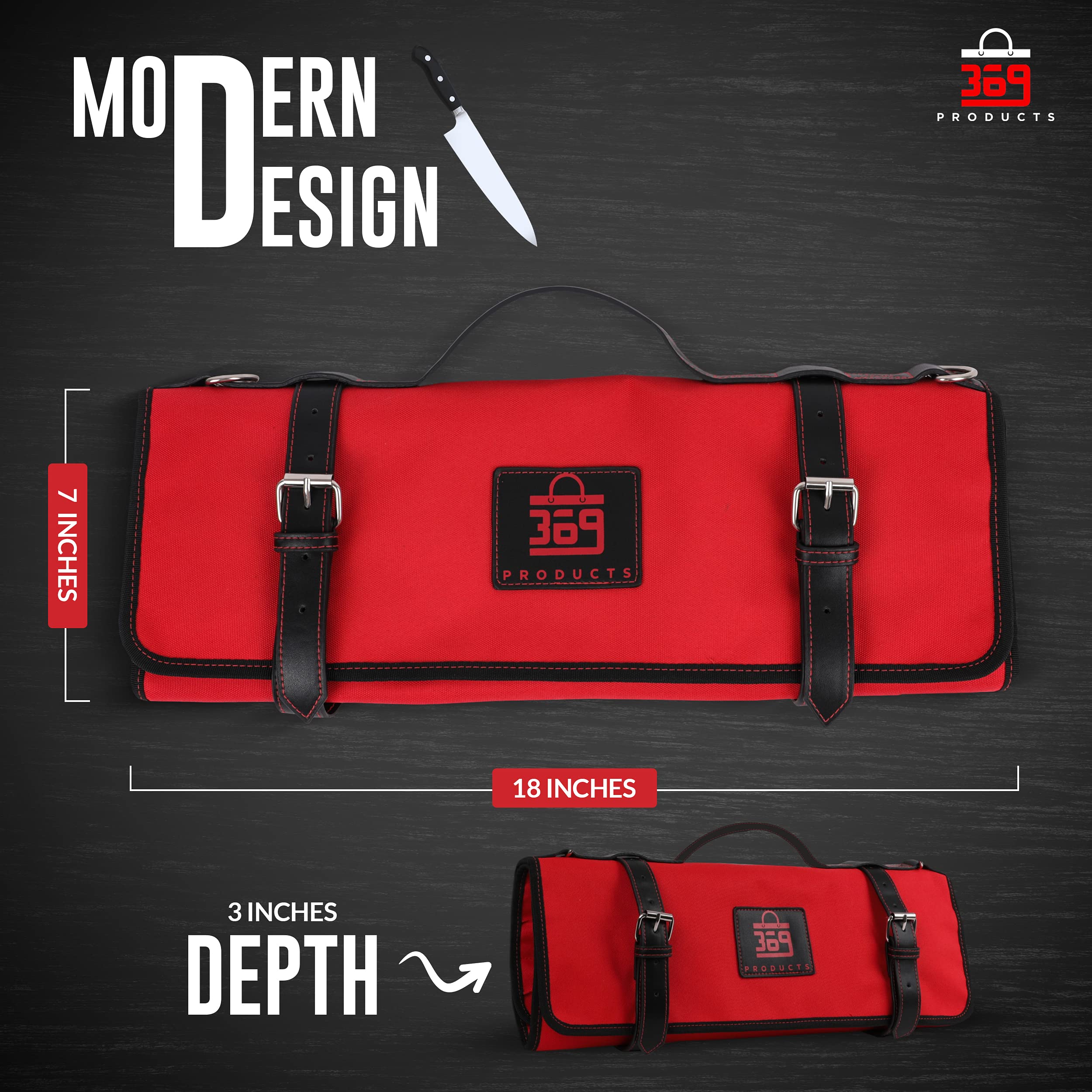 369 Products Chef Knife Bag - 18" x 7" x 3" Waterproof Polyester Knife Roll Bag with 13 Slots, Stylish Leather Straps and Detachable Shoulder Harness, Additional Zipper Compartment