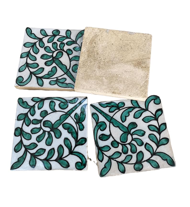 Green Flower Ceramic Tile Painted 4x4 - Moroccan Hand Painted Square Tile Zellige for Kitchen Backsplash, Outdoor/Indoor Tiles Bathroom or Shower Tile, Handmade Ceramic Traditional Tile (50 Tiles)