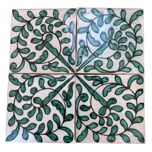 Green Flower Ceramic Tile Painted 4x4 - Moroccan Hand Painted Square Tile Zellige for Kitchen Backsplash, Outdoor/Indoor Tiles Bathroom or Shower Tile, Handmade Ceramic Traditional Tile (50 Tiles)