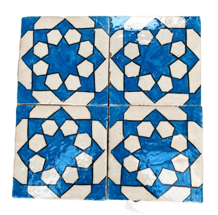 Spanish Blue Ceramic Tile Painted 4x4 - Moroccan Hand Painted Tile Zellige for Kitchen Backsplash, Outdoor/Indoor Tiles Bathroom or Shower Tile, Handmade Ceramic Tile Simple (4 Tiles)