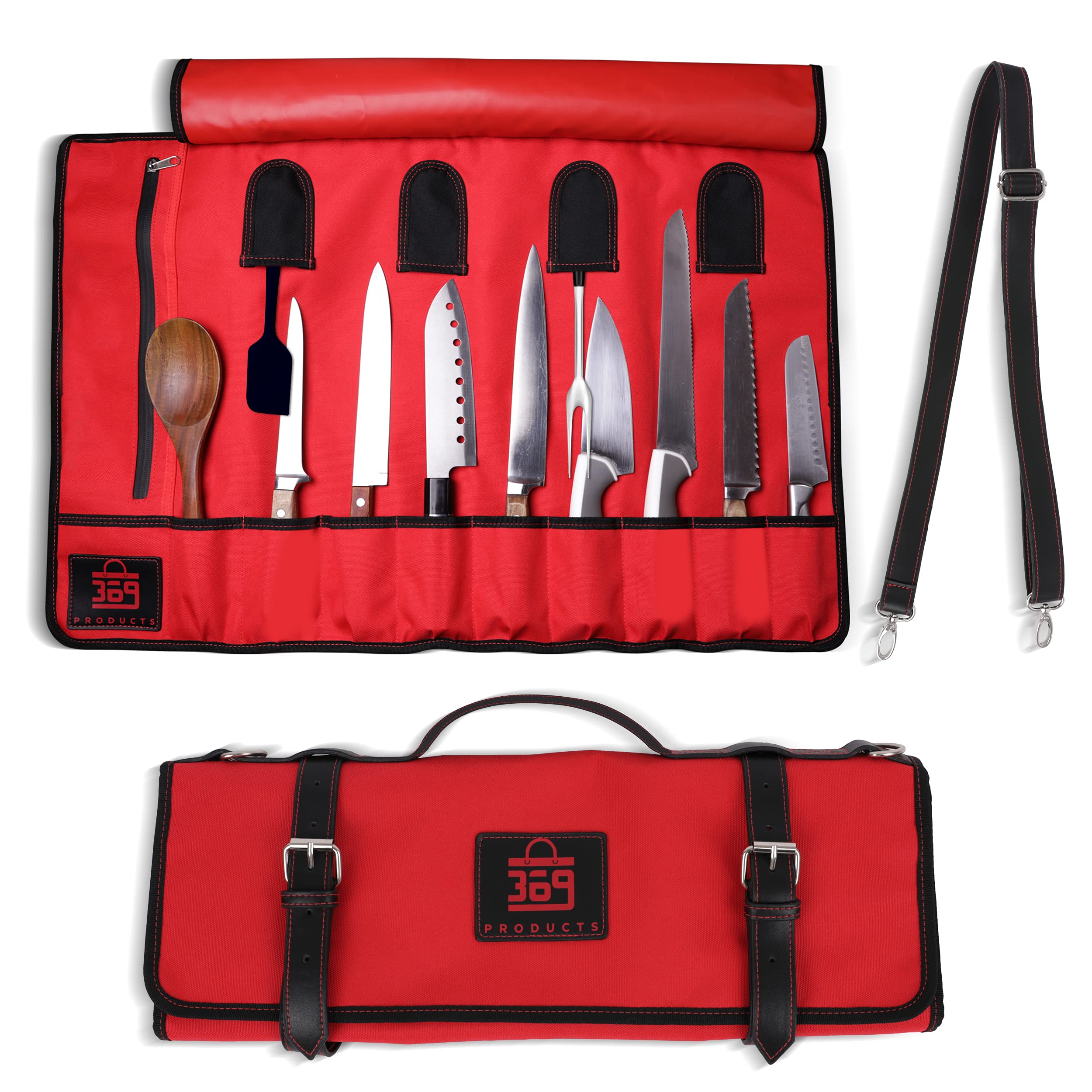 369 Products Chef Knife Bag - 18" x 7" x 3" Waterproof Polyester Knife Roll Bag with 13 Slots, Stylish Leather Straps and Detachable Shoulder Harness, Additional Zipper Compartment