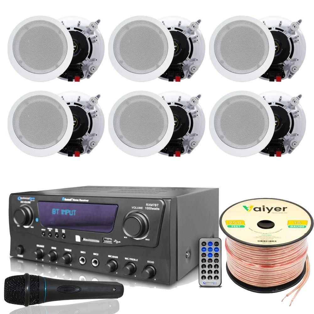 Home Theater System Kit 1000 Watts Bluetooth Receiver w/ 6 Qty 5.25" 175 Watts Each in-Wall in-Ceiling Speakers & 16 Gauge 250 ft. Speaker Wire Portable Microphone w/Remote Control by Technical Pro