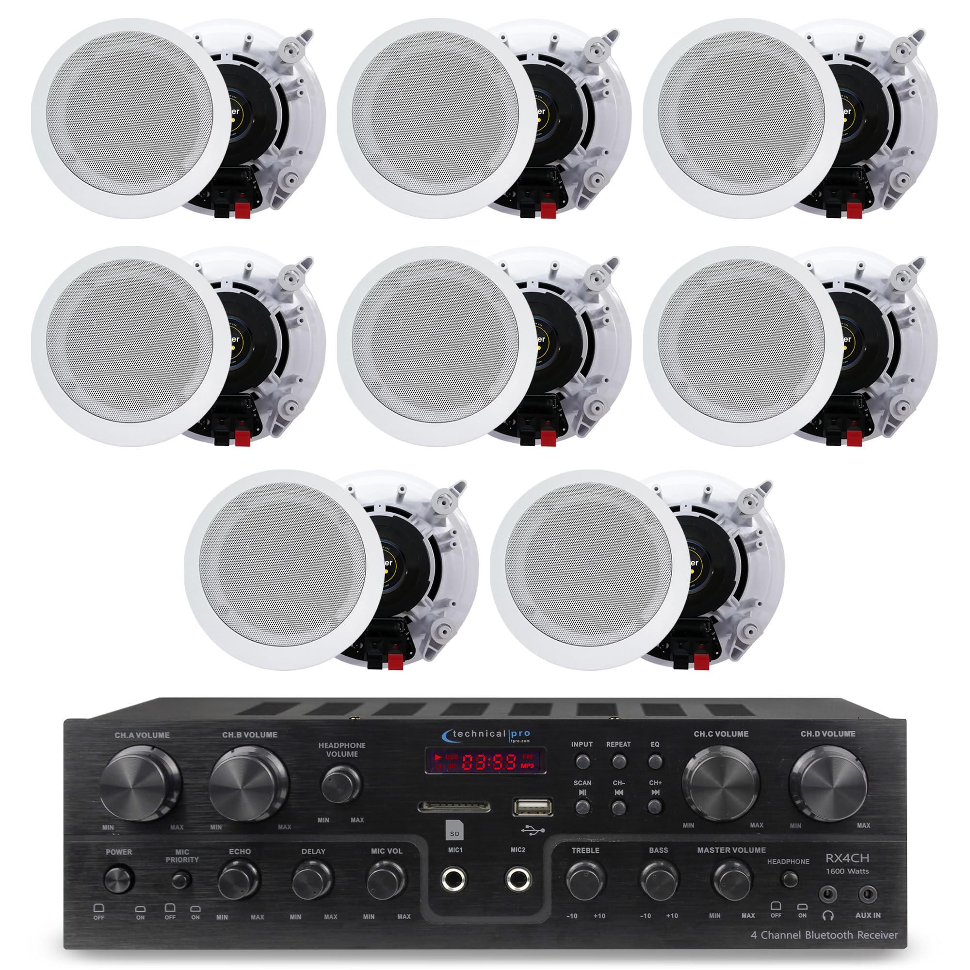 Technical Pro 4 Channel 1600 Watts 8 Speaker Bluetooth Home Theater Receiver System w/ 4 Pairs of 5.25” Ceiling Wall Mount 2-Way Mid Bass Woofer Ceiling Speakers - Home Theater Kit