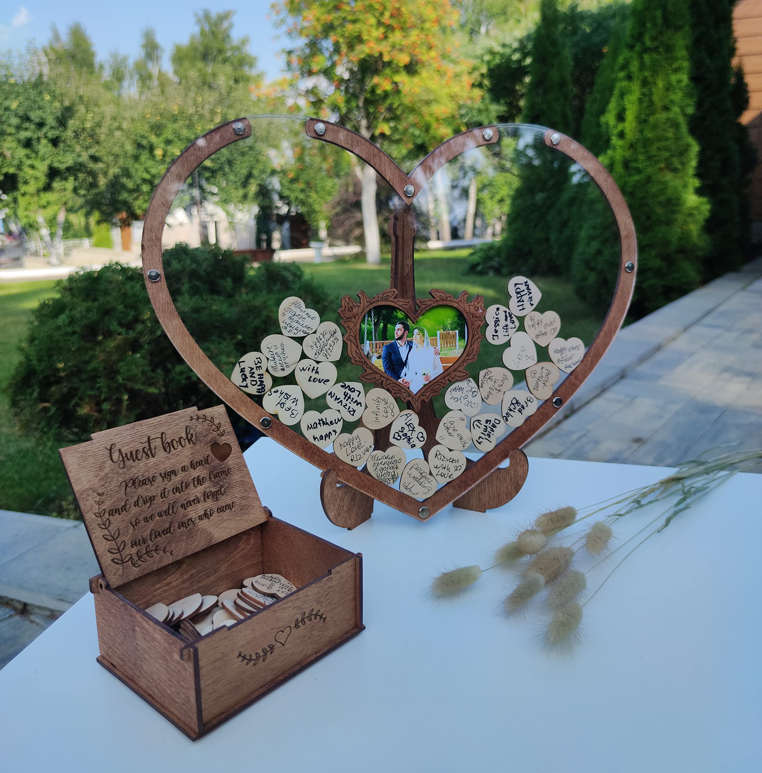 Wedding Guest Book Alternative, Drop Top Frame with Photo, Rustic Wedding, Guest Book Sign, Wooden Box with Hearts - 80 pcs, Shadow Box for Wedding, Baby Shower, Anniversary (Oak-Transparent)