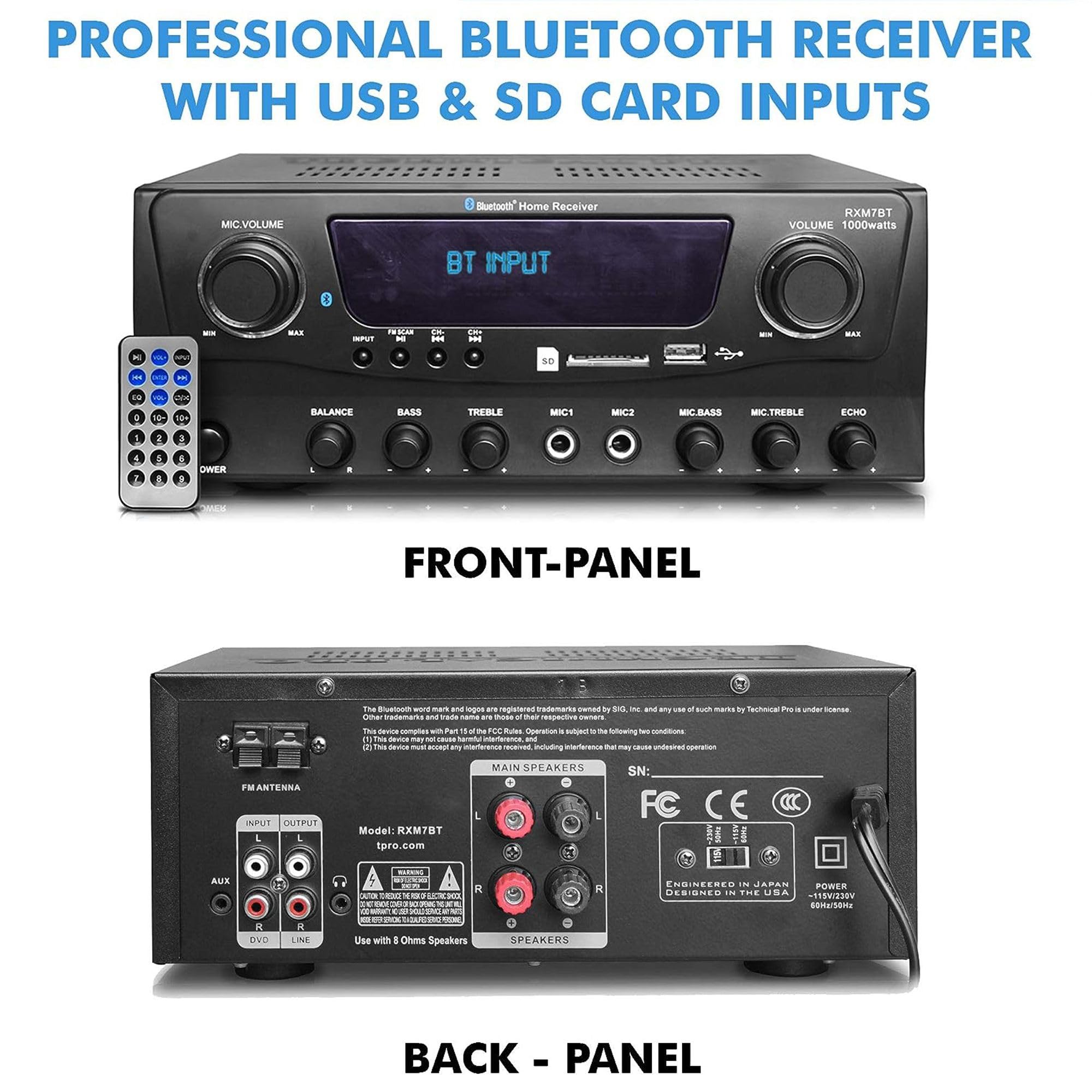 Home Theater System Kit 1000 Watts Bluetooth Receiver w/ 6 Qty 5.25" 175 Watts Each in-Wall in-Ceiling Speakers with Portable Microphone & Remote Control by Technical Pro