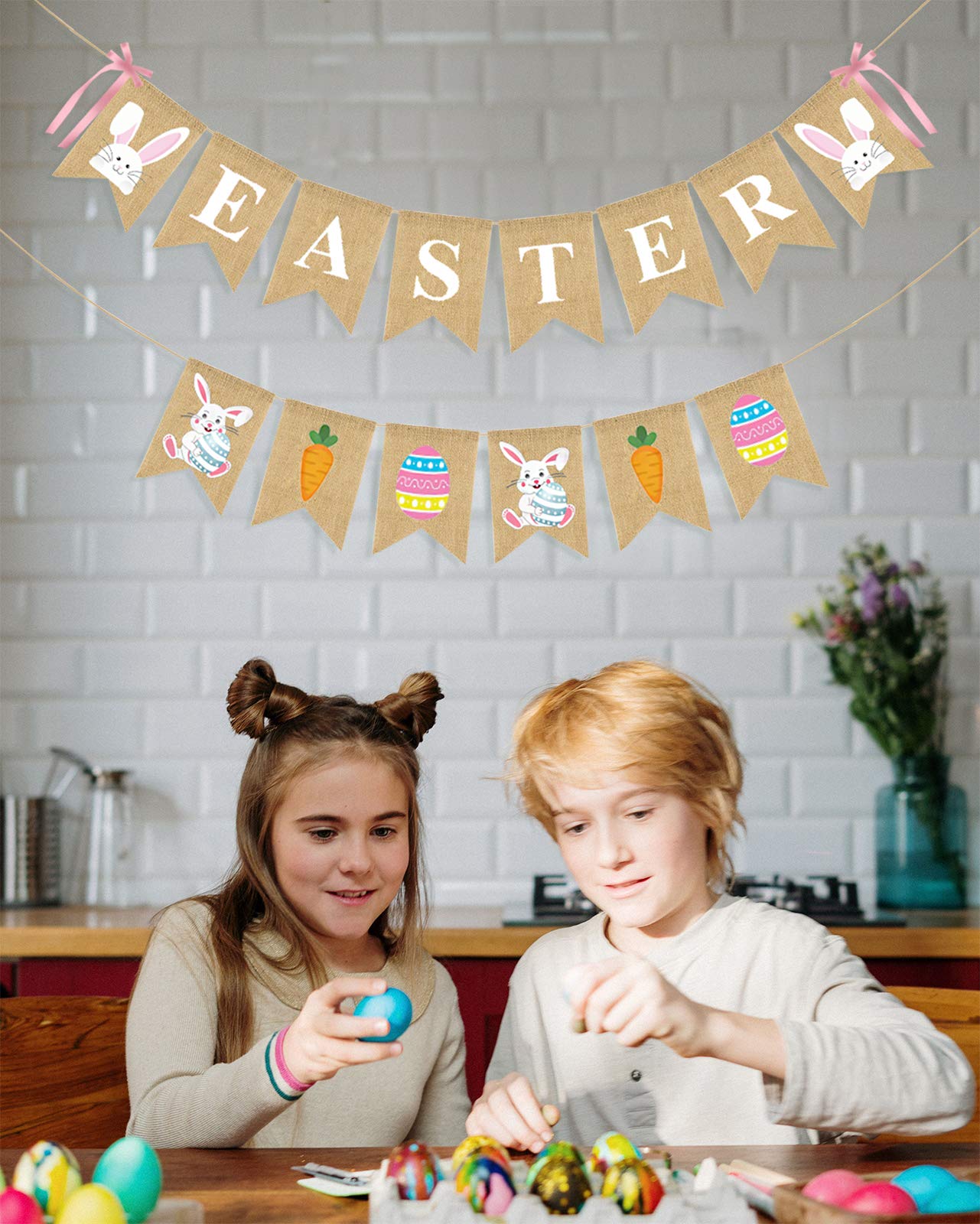 JOZON Easter Burlap Banner and Bunny Easter Eggs Carrot Burlap Banner Easter Banner Garland with Bunny Rabbit Signs and Bows Easter Decorations Party Decor for Easter Spring Party Supplies