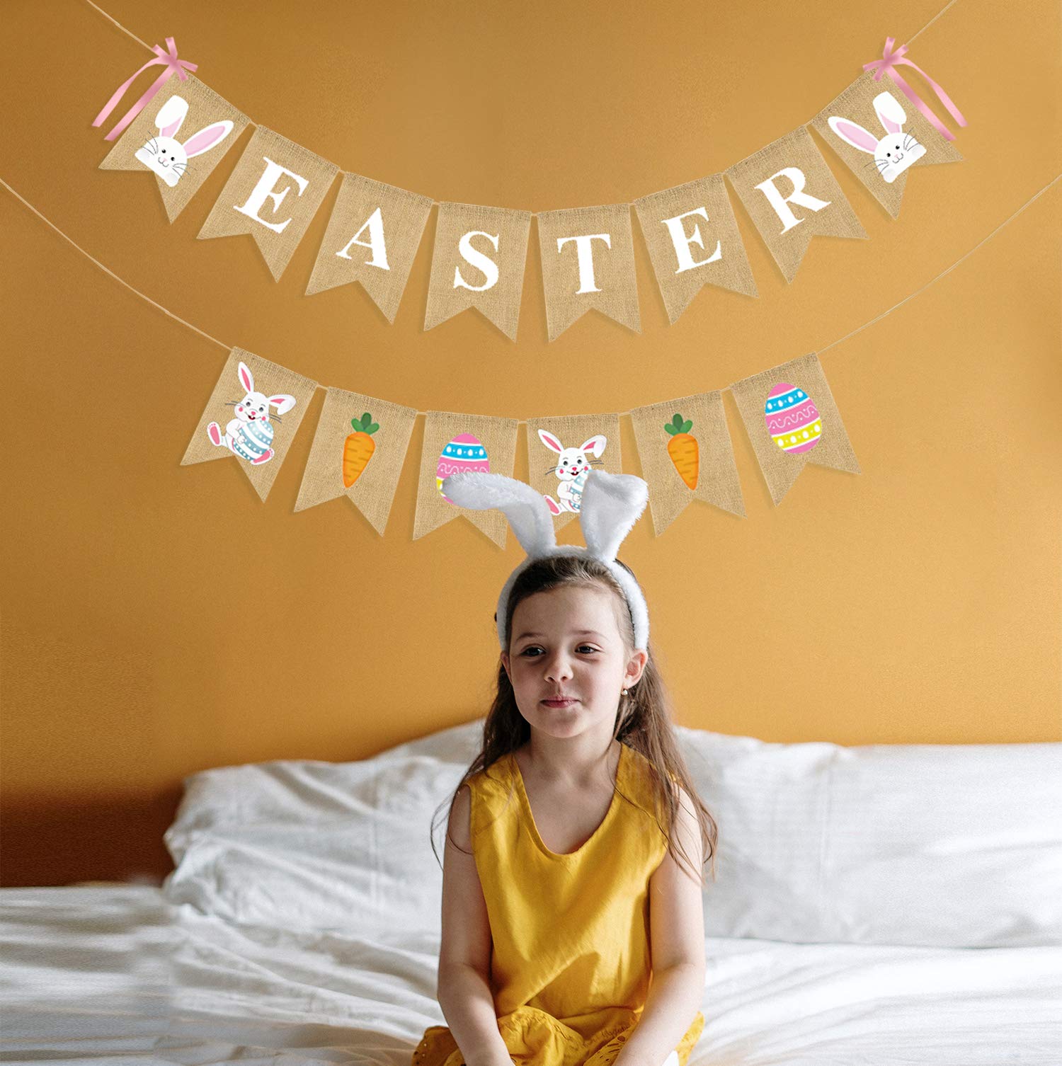 JOZON Easter Burlap Banner and Bunny Easter Eggs Carrot Burlap Banner Easter Banner Garland with Bunny Rabbit Signs and Bows Easter Decorations Party Decor for Easter Spring Party Supplies