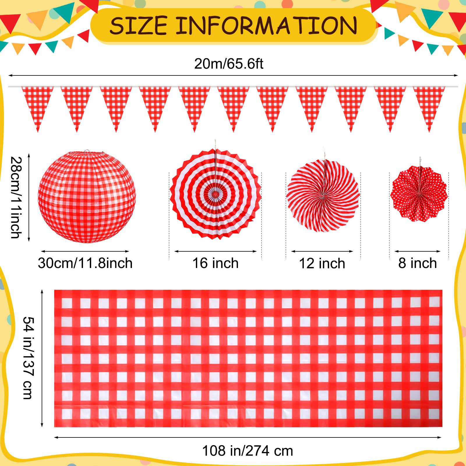 18 Pcs Picnic Party Decorations Set Include Red and White Checkered Gingham Pennant Banner Hanging Paper Fans Round Lanterns Plastic Disposable Tablecloth for Carnival Picnic Birthday Party Supplies