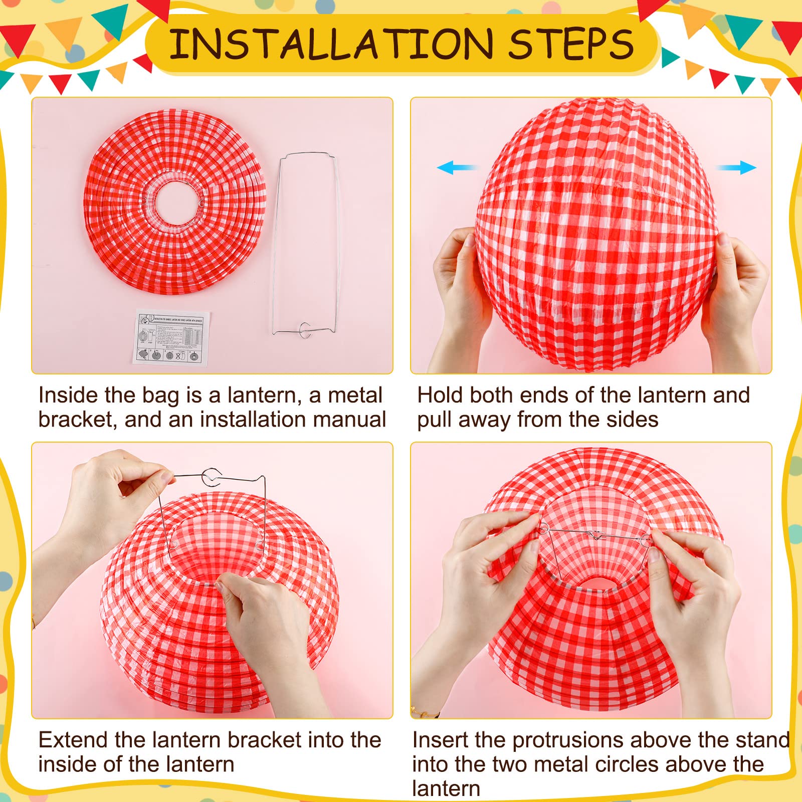 18 Pcs Picnic Party Decorations Set Include Red and White Checkered Gingham Pennant Banner Hanging Paper Fans Round Lanterns Plastic Disposable Tablecloth for Carnival Picnic Birthday Party Supplies
