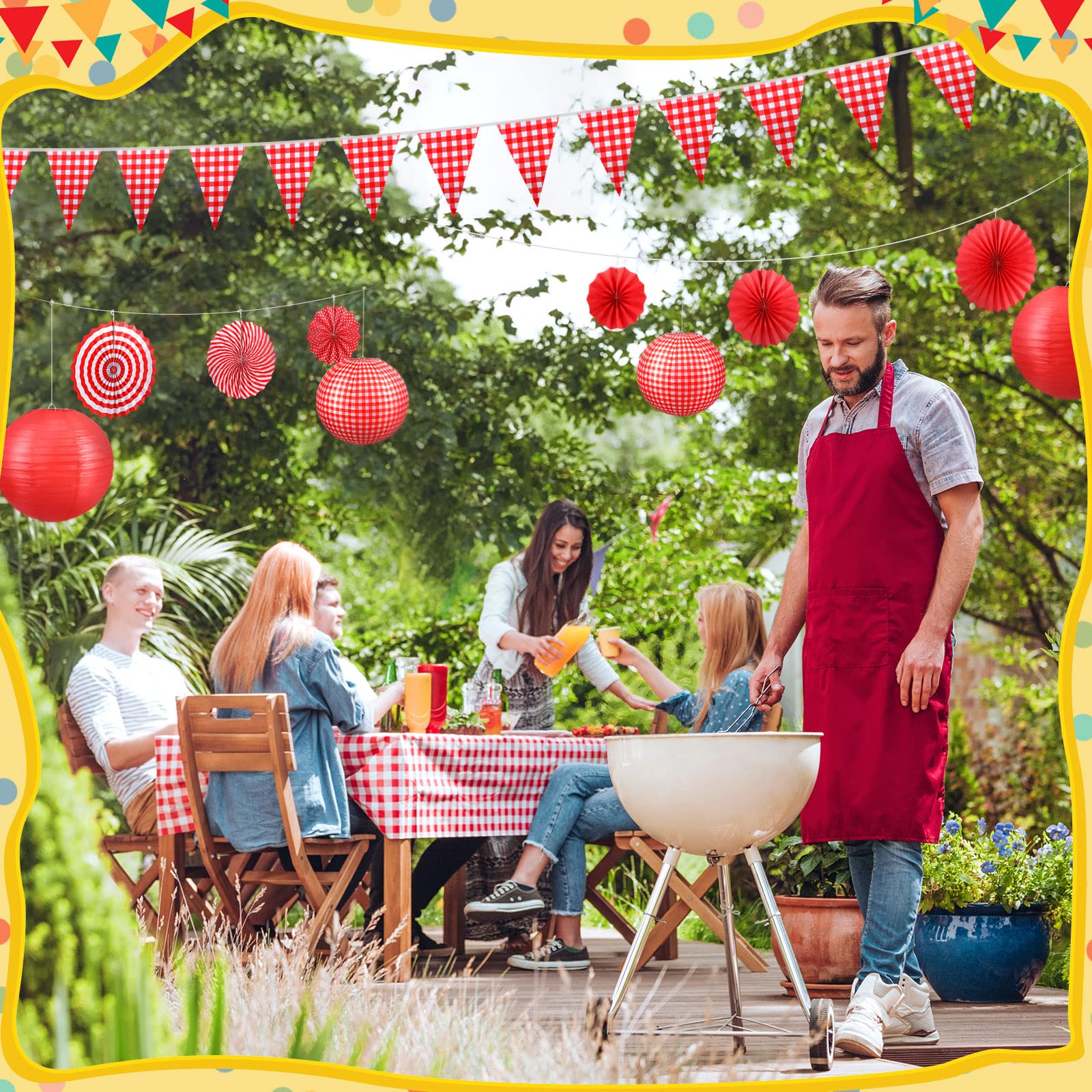 18 Pcs Picnic Party Decorations Set Include Red and White Checkered Gingham Pennant Banner Hanging Paper Fans Round Lanterns Plastic Disposable Tablecloth for Carnival Picnic Birthday Party Supplies