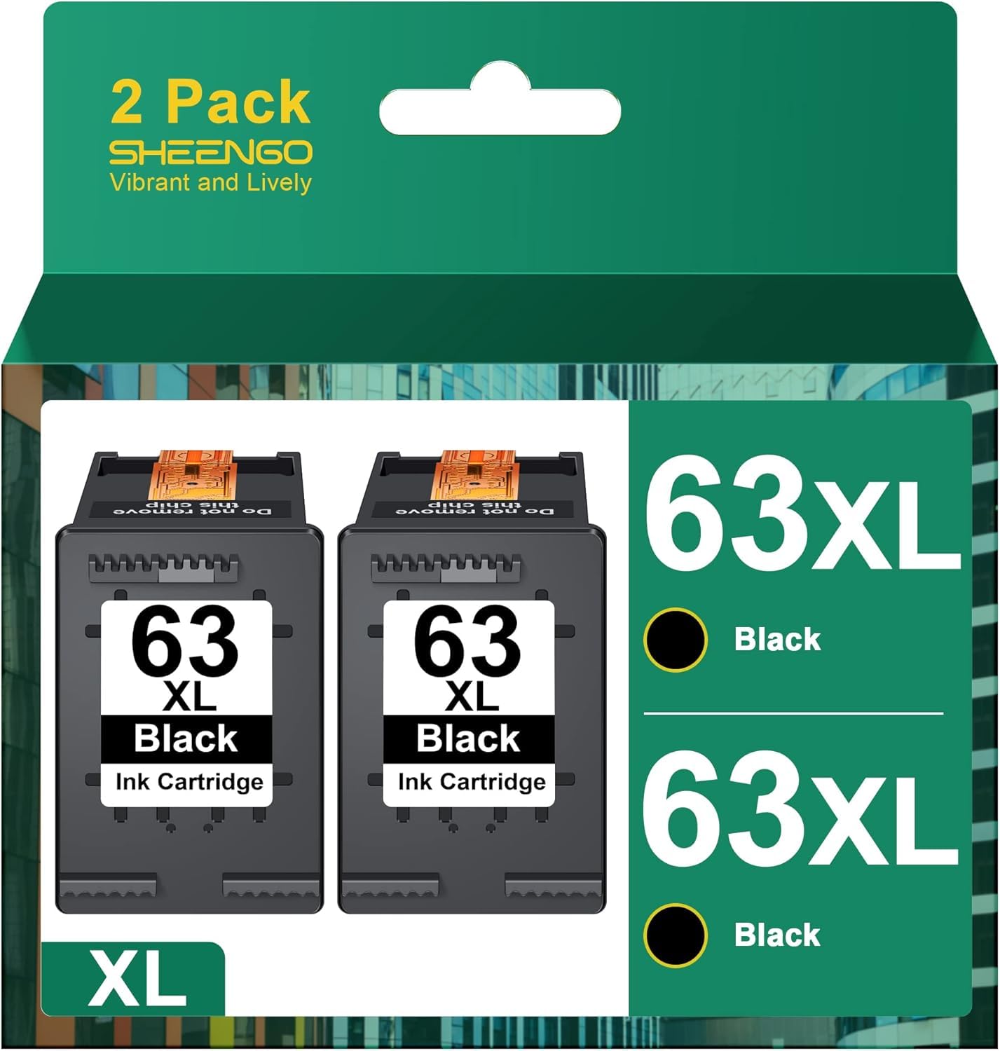 SHEENGO 63XL Black Ink Cartridge Replacement for HP 63 Works with DeskJet 1112, 2100 Series, 3600 Envy 4500 OfficeJet 3800 4600 5200 Series F6U62AN, 2 Pack