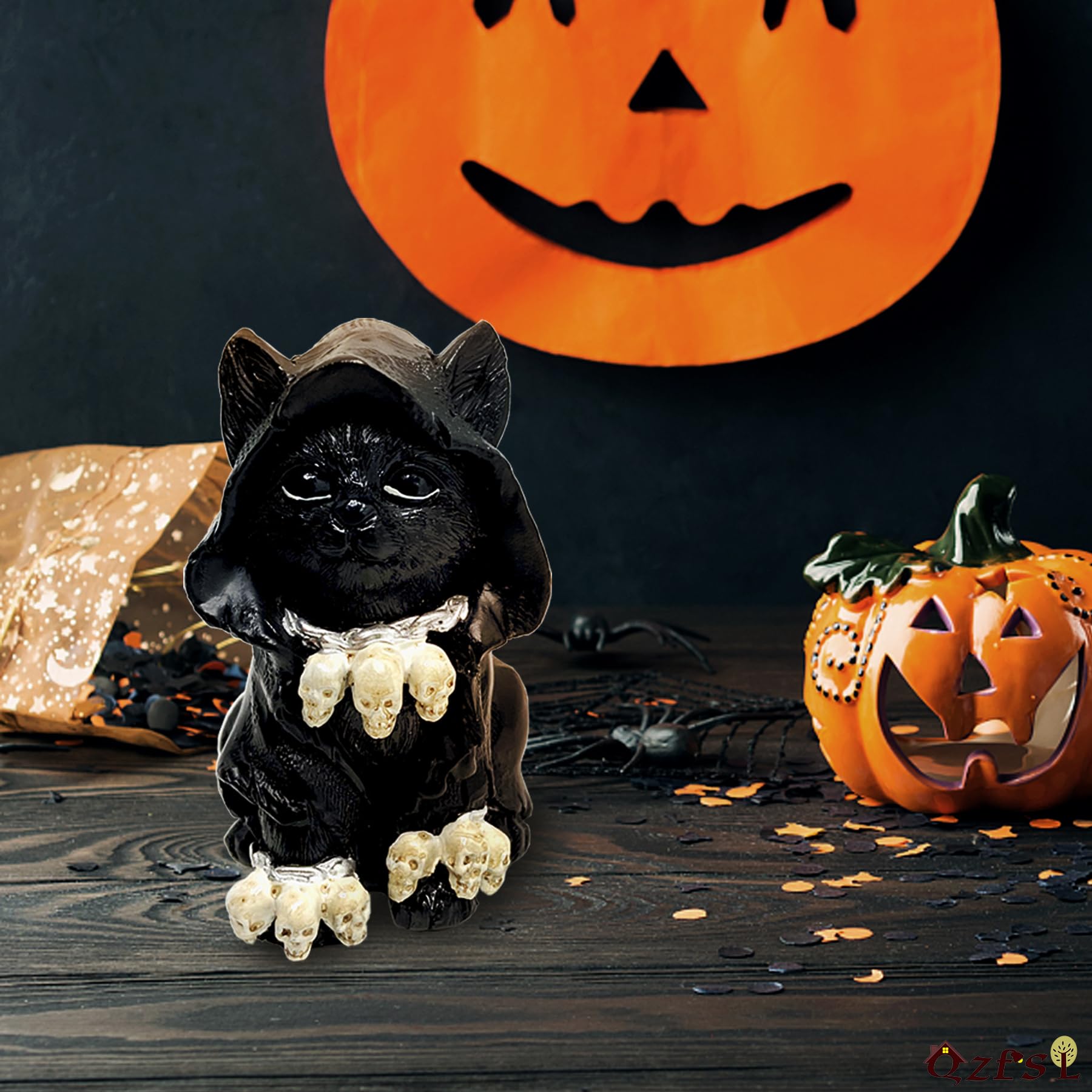 QZFSL Black Cat Sculpture Gargoyle Figurine Magic Hat Kitten for Cute Halloween Decor & Garden Statues Gnome As Patio Statue Lawn Yard Art Decoration Housewarming Garden